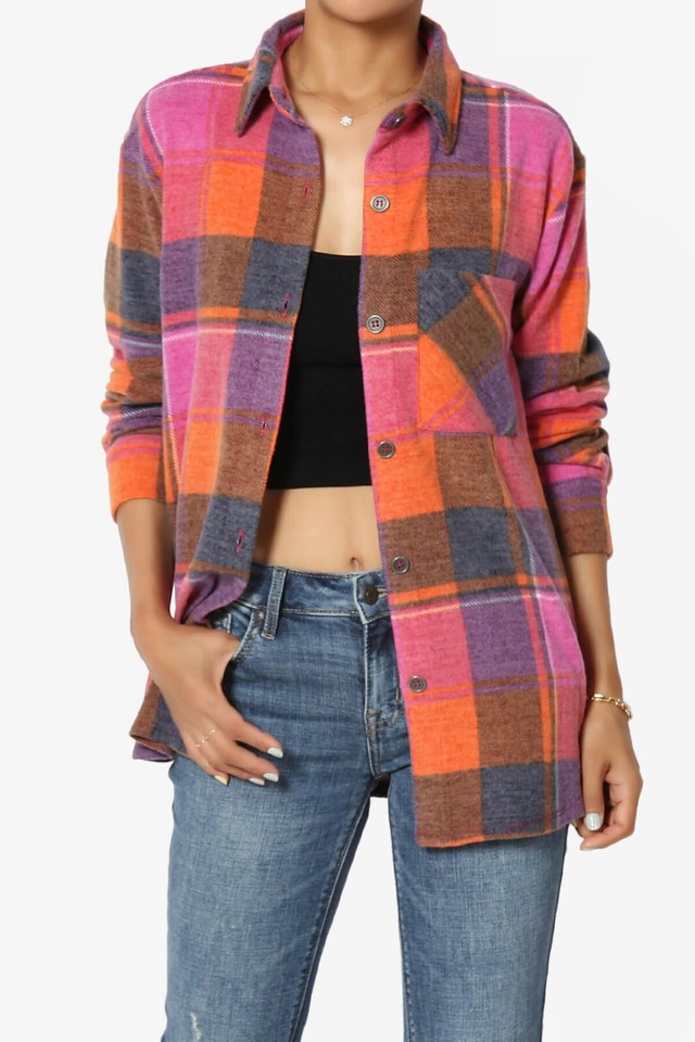 Women's Soft Fleece Plaid Check Button Front Shirt Pocket Long Sleeve ...