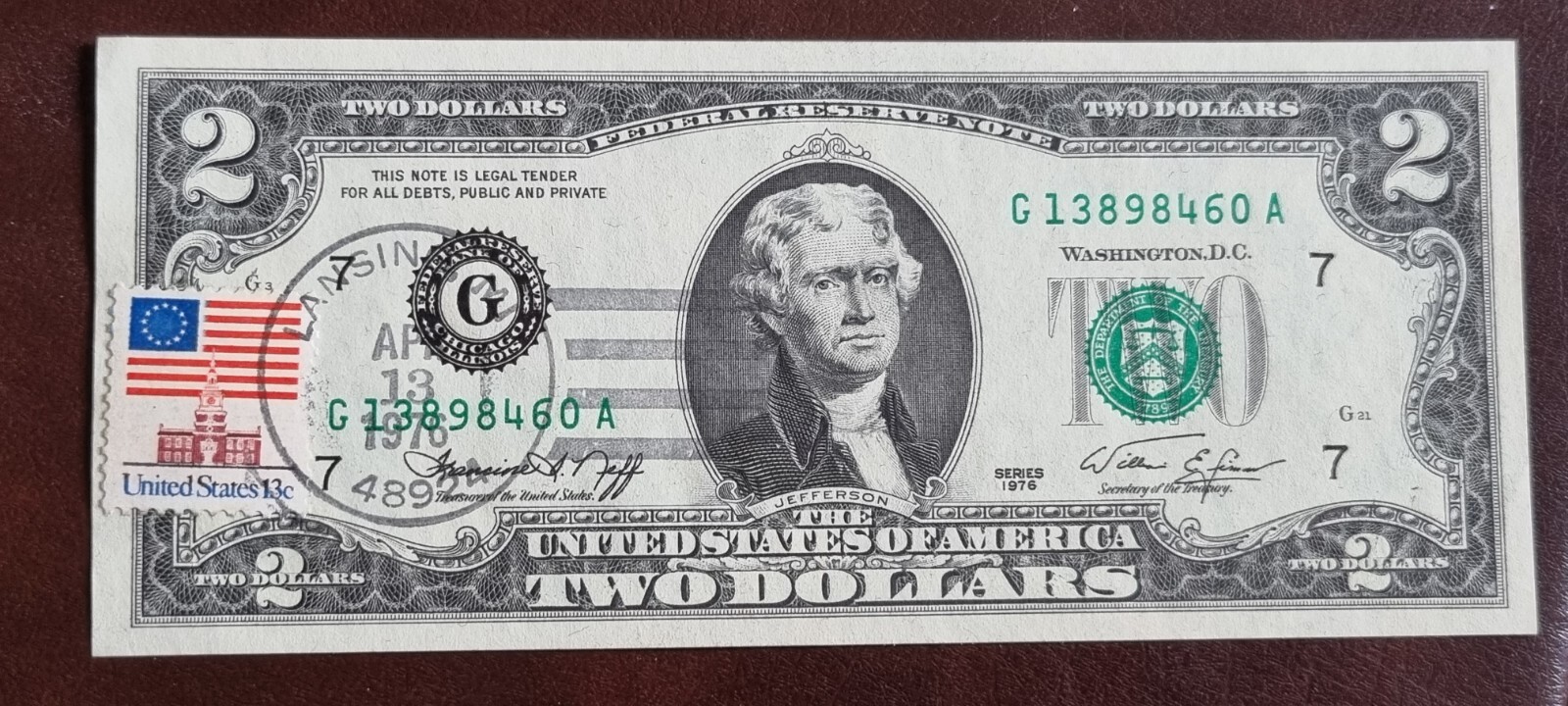 1976 Two Dollar Federal Reserve Note $2 First Day of Issue Postmarked ...