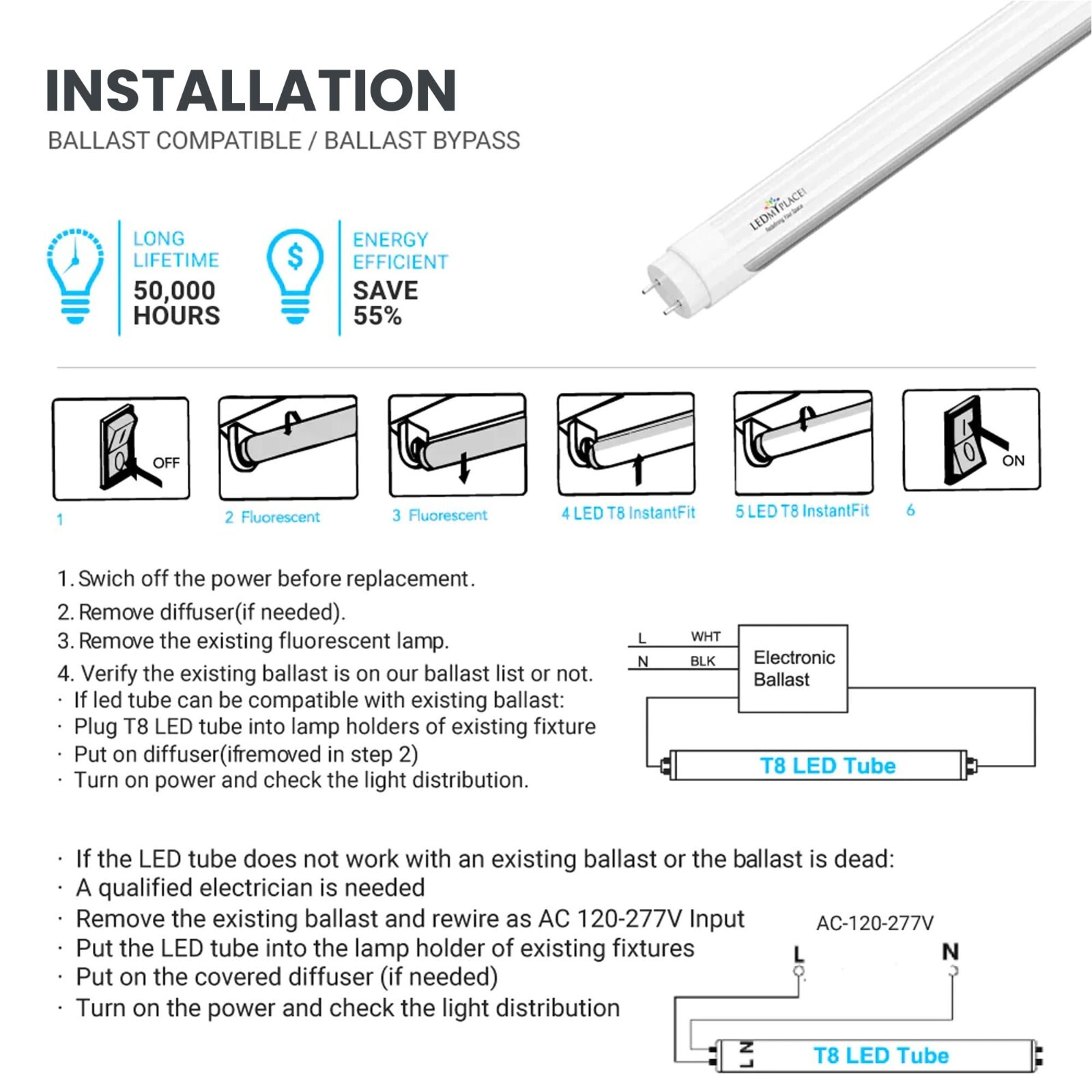 LED Hybrid Tube Light 4ft, T8, 20W Single/Double End Wiring Power ...