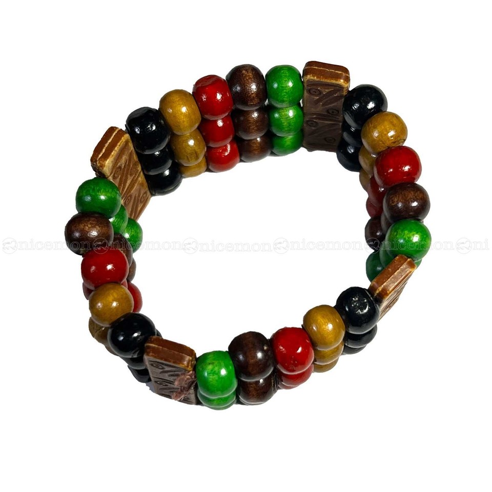 Rasta Afro Color Wood Bead Band Bracelet Wrist Bracelets Cuff Stretch ...