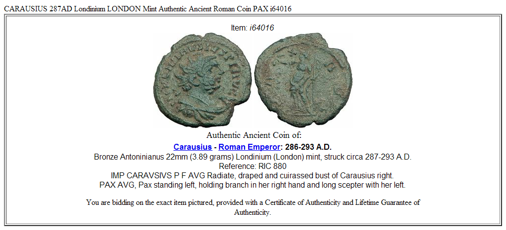 CARAUSIUS 287AD Londinium LONDON Mint Authentic Ancient Roman Coin PAX ...