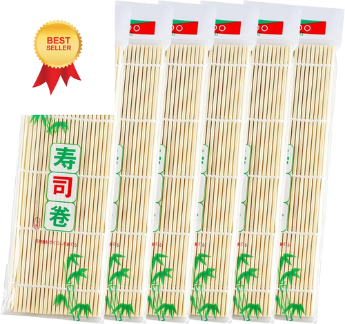 JIALEEY Bamboo Sushi Rolling Mat, 9.5x9.5 Inch, 6 PCS Set Medium, Brown ...
