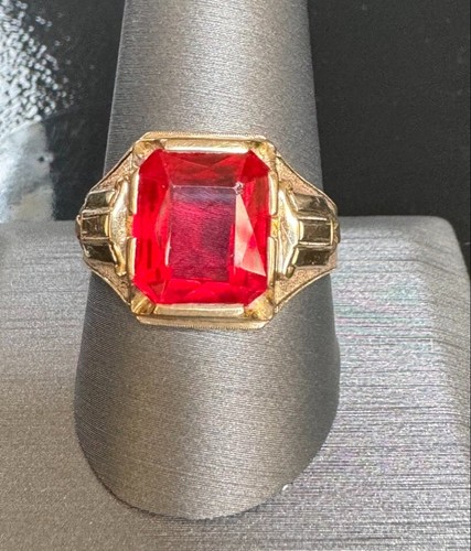 MENS ART DECO YELLOW GOLD AND LAB-CREATED RUBY SIGNET RING SIZE 10.25 ...