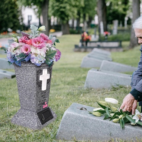 Solar Cemetery Vase with LED Cross Lamp Memorial Flower Holder with ...