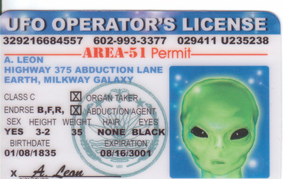 UFO Operator , Alien from Area-51 plastic ID card Drivers License - | eBay