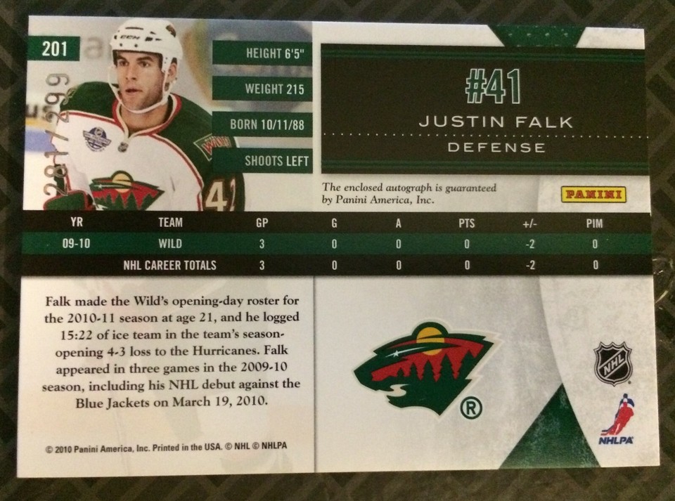 2010 NHL Phenoms #201 Justin Falk Rookie Autograph/Patch Minnesota Wild ...