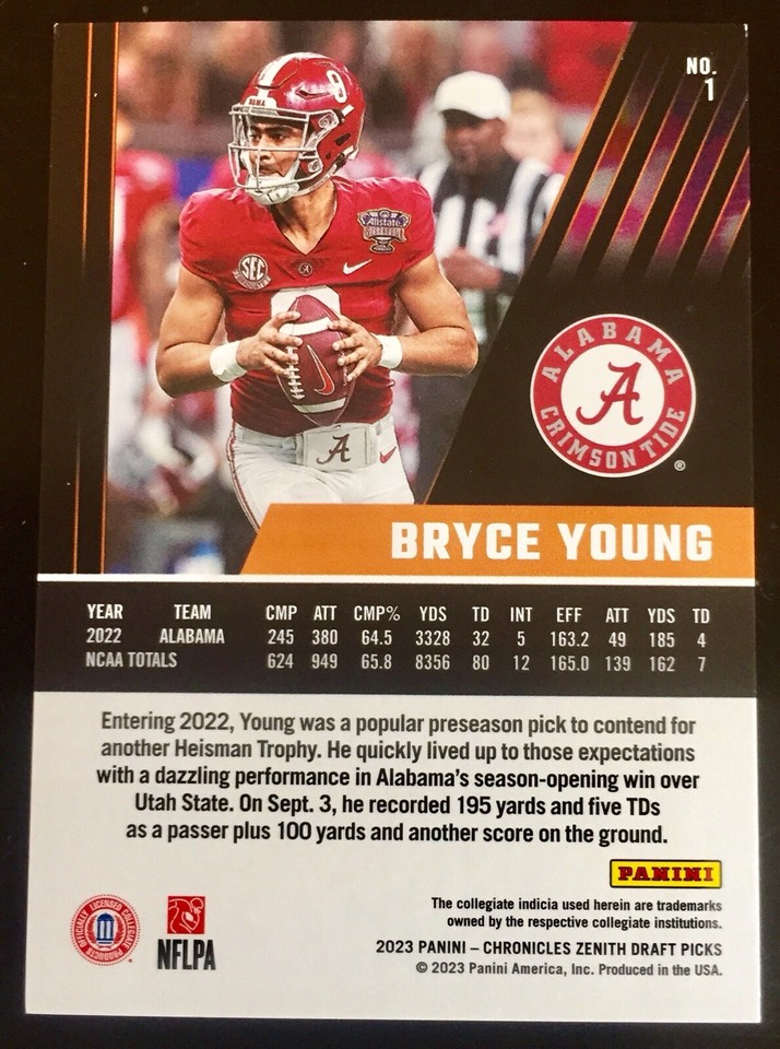 2023 Zenith #1 Bryce Young Blue Foil RC 83/99 Alabama Panthers | eBay