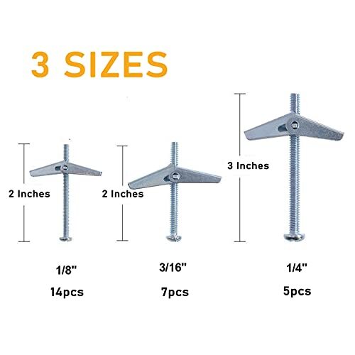 26 Pcs Toggle Bolt and Wing Nut Assortment Kit for Drywall 1/8" 3/16" 1 ...