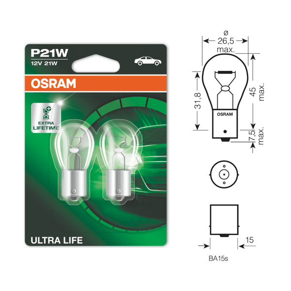2 x Osram Ultra Life 382 P21W Rear Tail Light Car Bulb 12v 21w BA15S ...