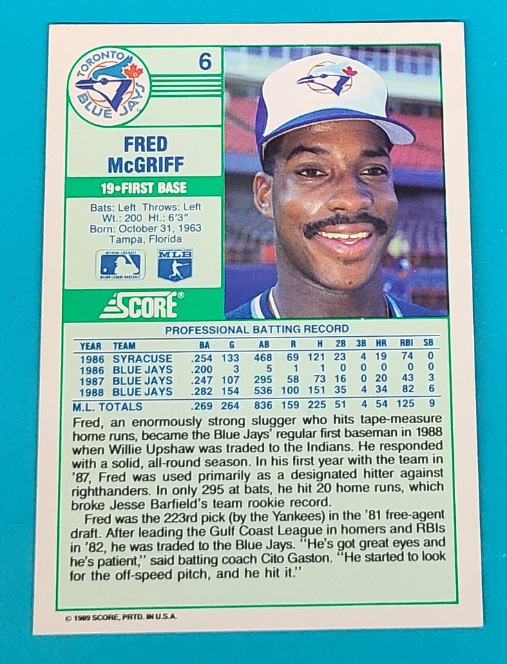 1989 Score #6 Fred McGriff Toronto Blue Jays BASEBALL Card M6 | eBay