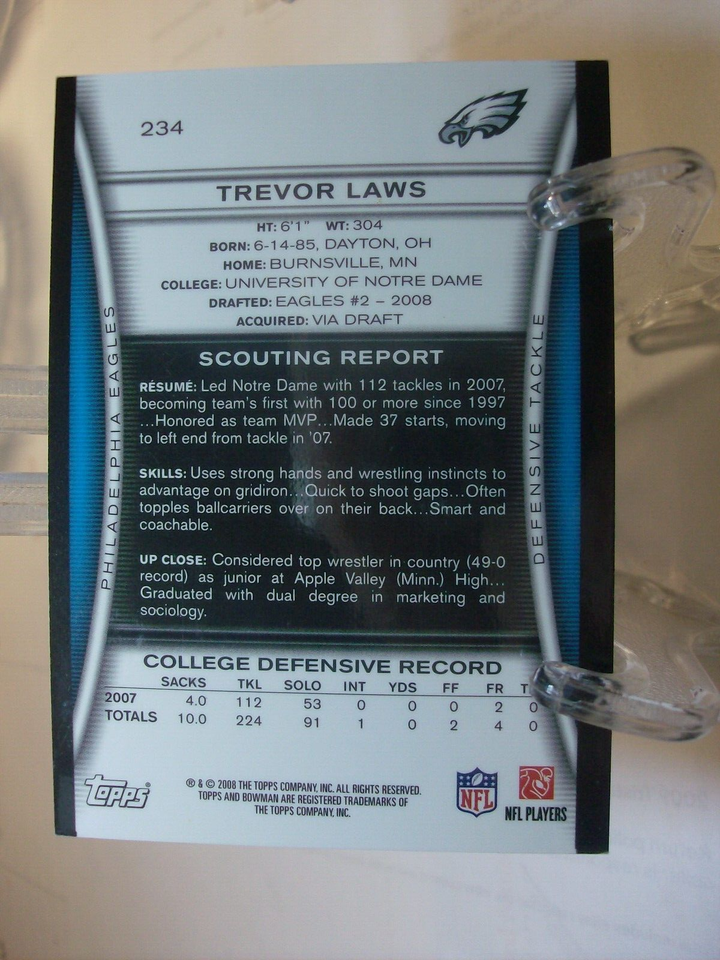 2008 Bowman Gold Football Card #234 Trevor Laws (93870) | eBay