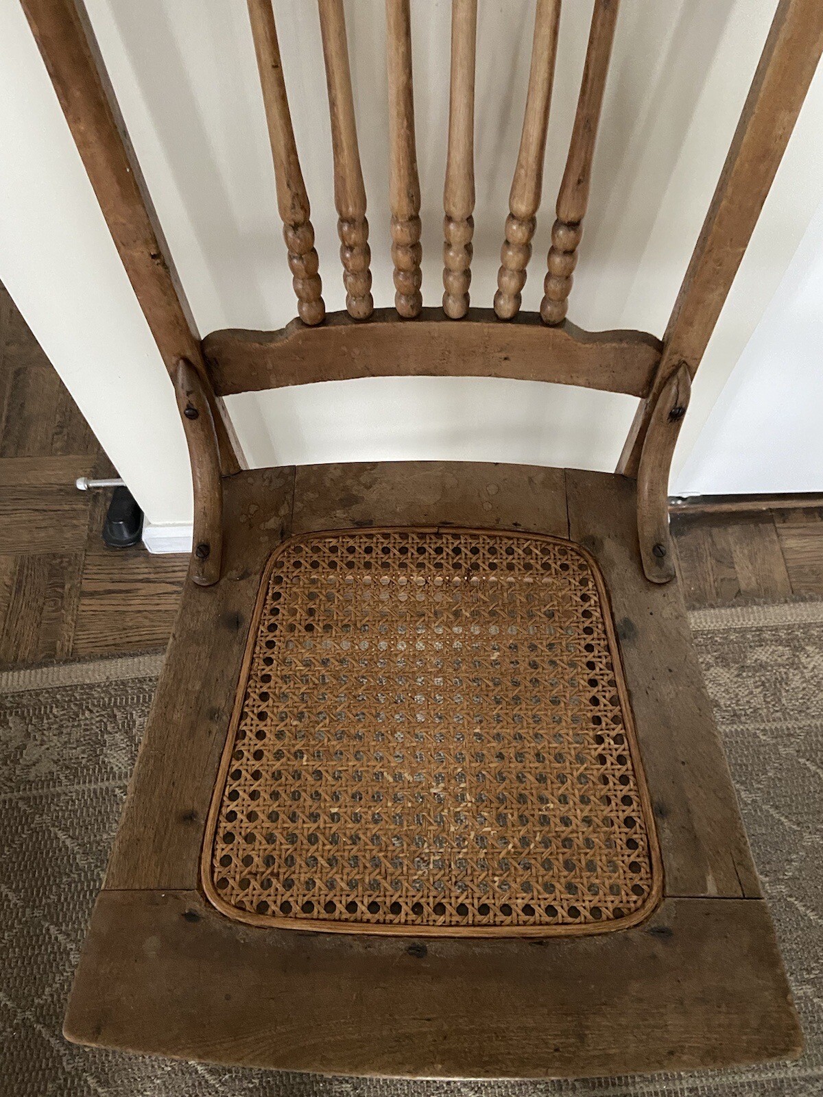 antique wooden spindle carved back chair with cane seat. | eBay