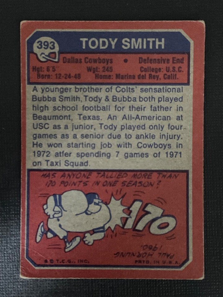 Tody Smith 1973 Topps Rookie Football Card #393 - Dallas Cowboys ...
