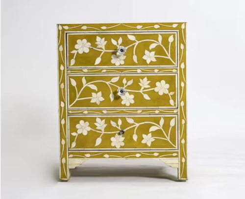 Handmade Green Floral Print Bone Inlay Bedside Table with 3 Drawers | eBay