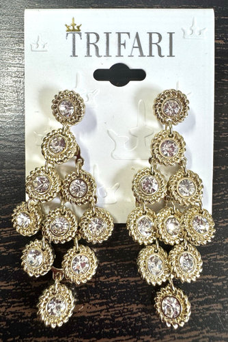 CROWN TRIFARI Logo, Gold Tone, Clear Glass Stones, Dangle Earrings Set ...