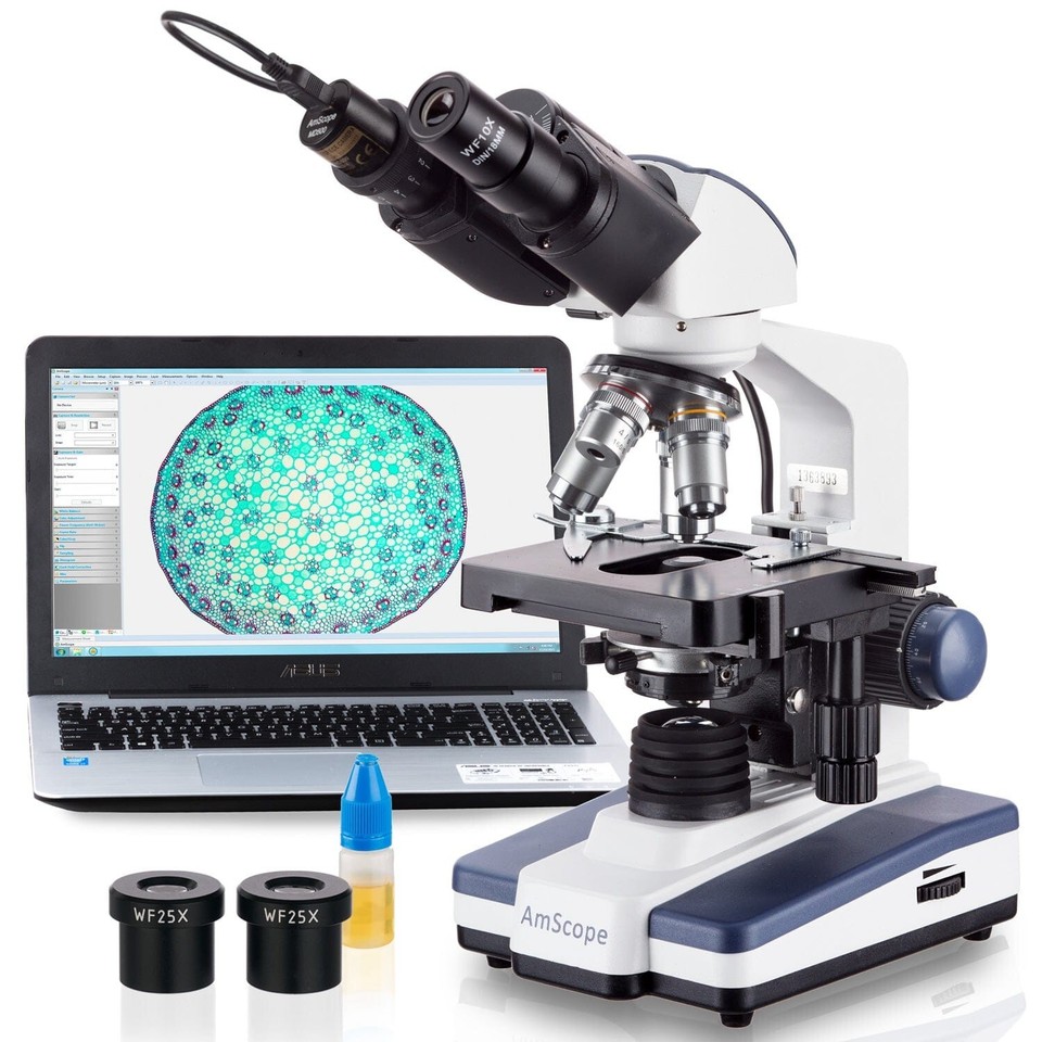 AmScope 40-2500X LED Digital Binocular Compound Microscope +3MP Camera+ ...