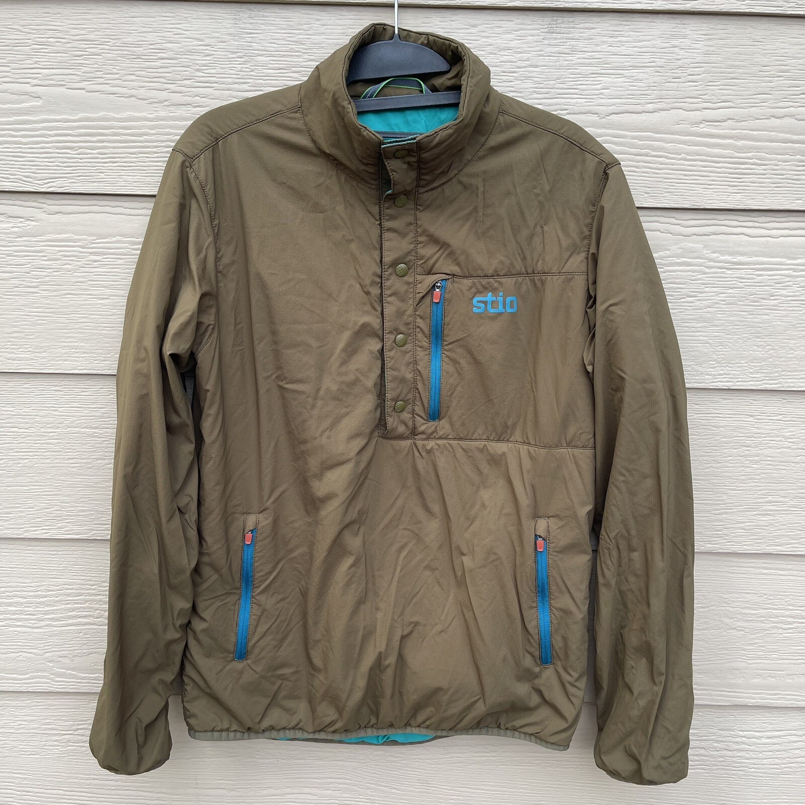 Stio Mens Pullover Insulated Jacket Olive Green Snaps Pockets Packable ...