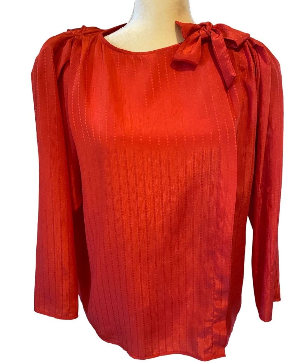 Halston III Red Satin Ribbed Blouse Long Sleeve Bow … - Gem