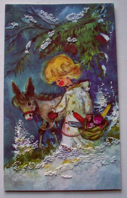 Angel & donkey popcorn snow unsigned vintage Christmas greeting card ...