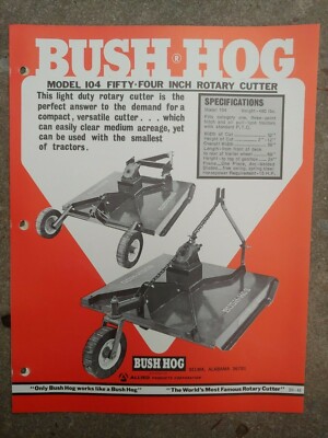Vintage Original Bush Hog Model 104 Fifty Four Inch Rotary Cutter Flyer ...