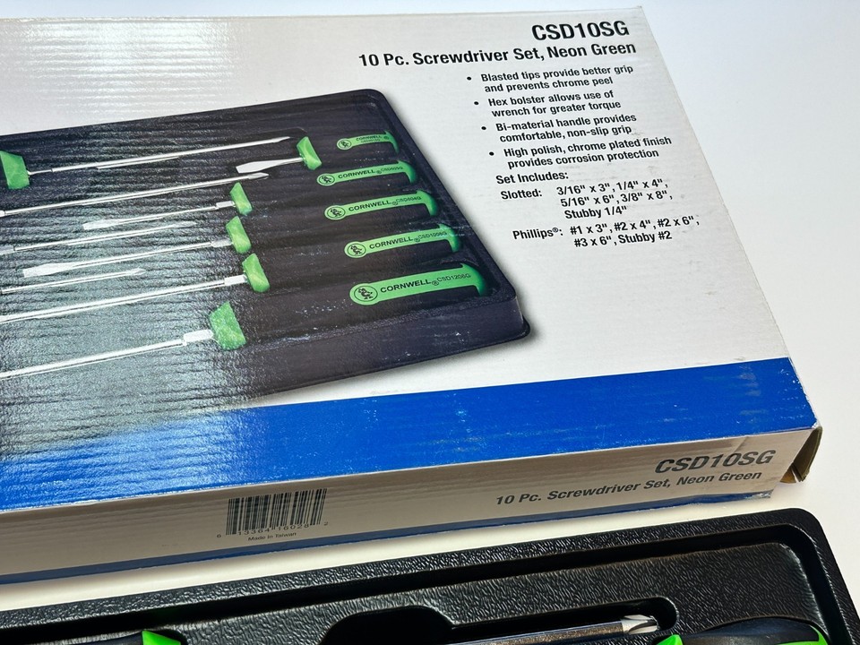 NEW Cornwell Tools CSD10SG 10pc NEON GREEN Square Grip Screwdriver Set ...