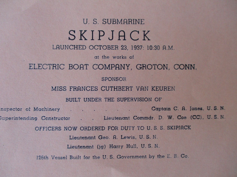 WW2 US Navy Document USS Skipjack Submarine Launching Commemorative ...