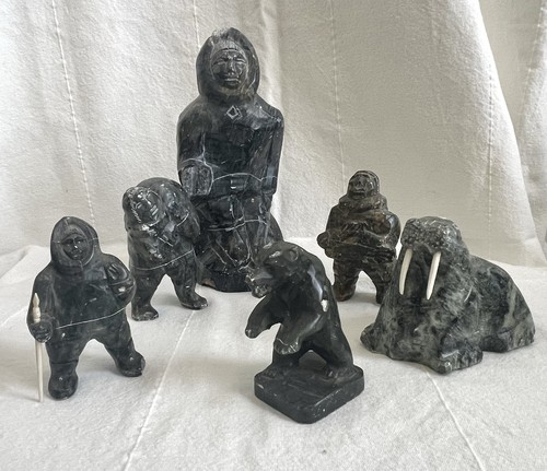 Lot of 6 Vintage Original Inuit Hand Carved Soapstone Figures signed ...