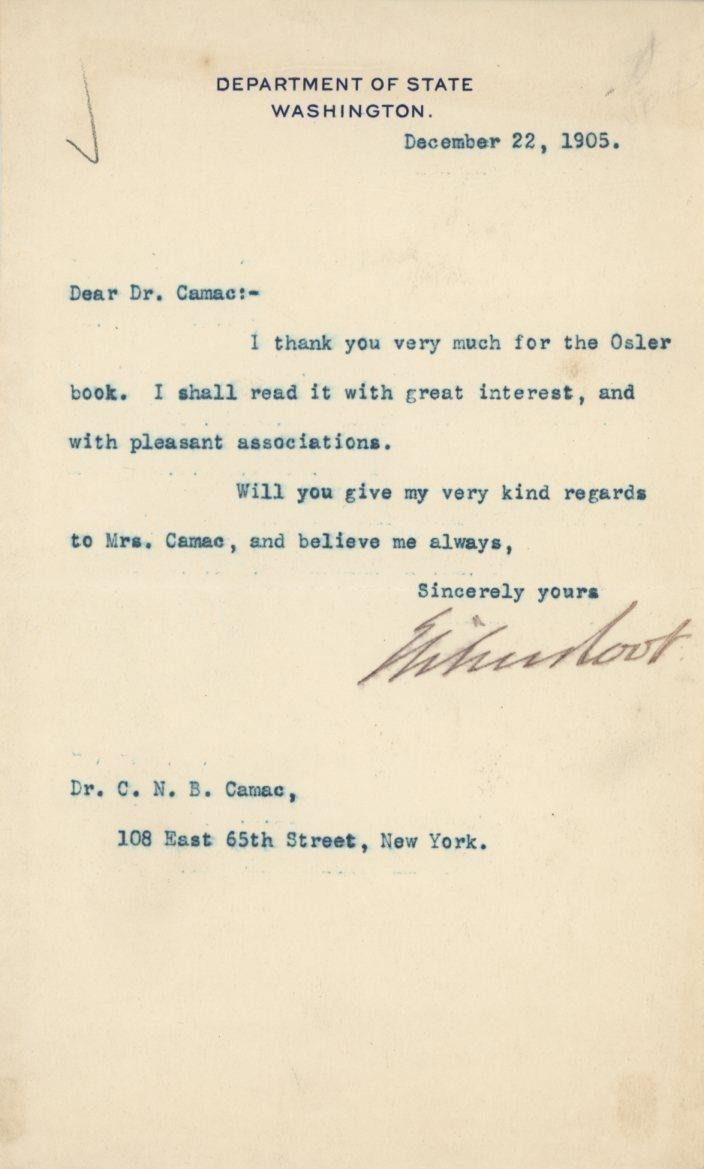 Elihu Root- TSL from 1905 on Department of State Letterhead (1912 Nobel ...
