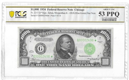 Fr.2211-G⭐️ 1934 $1000 FRN CHICAGO DGS ONE THOUSAND DOLLAR STAR NOTE ...