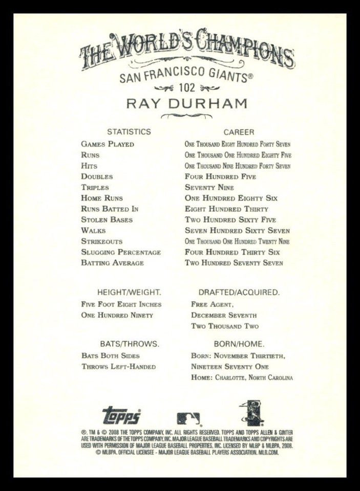 2008 Topps Allen & Ginter #102 Ray Durham San Francisco Giants | eBay