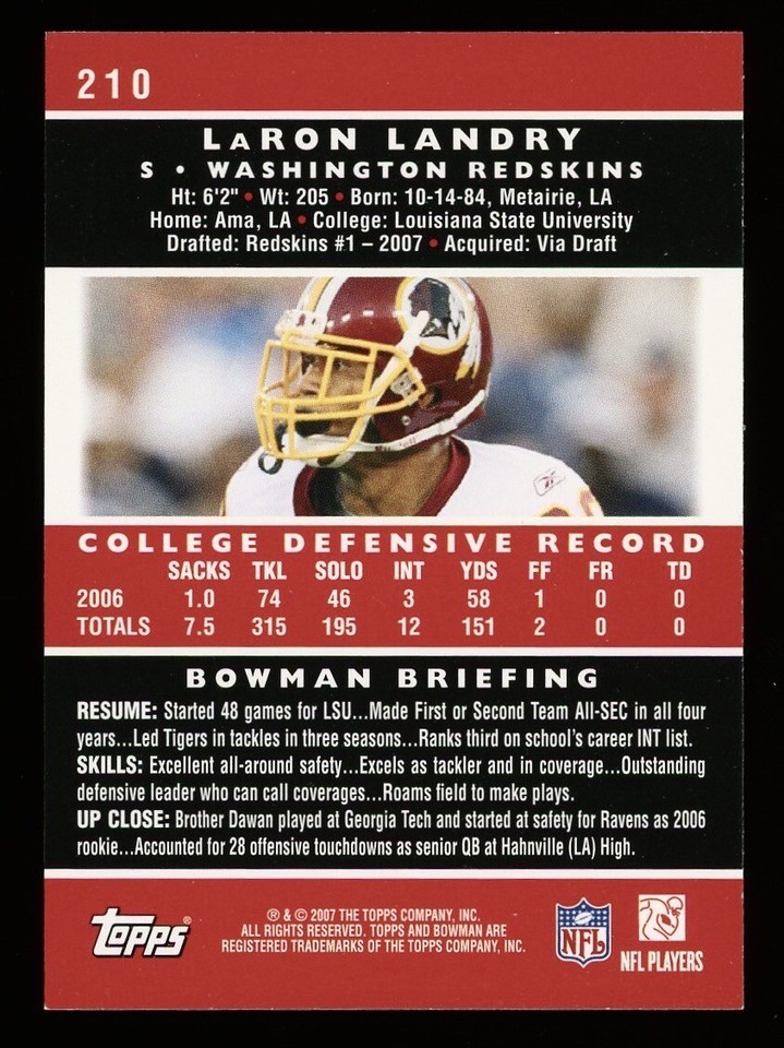 2007 Bowman Football Laron Landry Rookie Washington Redskins #210 | eBay