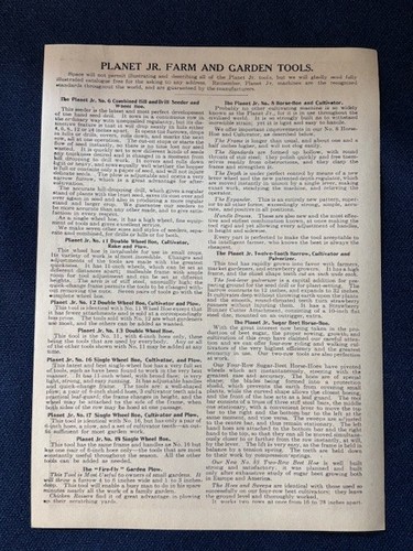 Original Planet Jr Farm Equipment Single Page Flyer Hoe Cultivator Plow ...