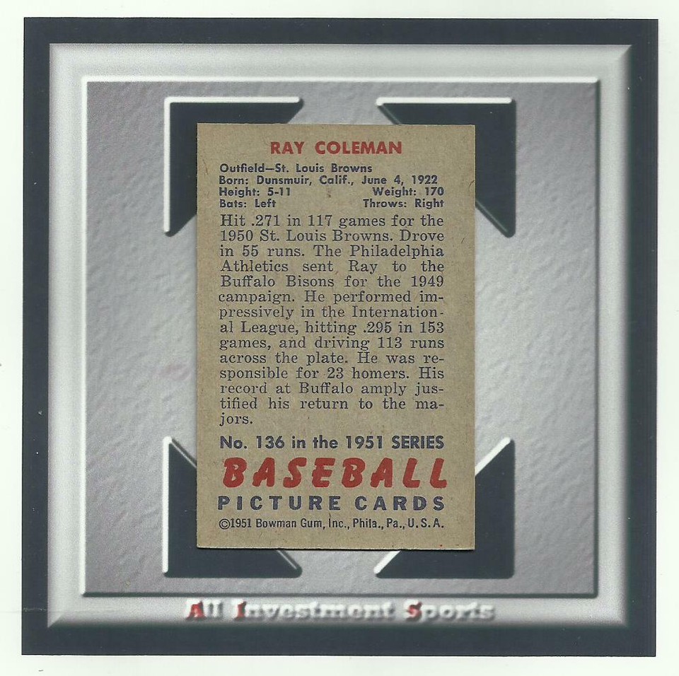 1951 Bowman RAY COLEMAN #136 NM (B) **sharp baseball card** TD89 | eBay