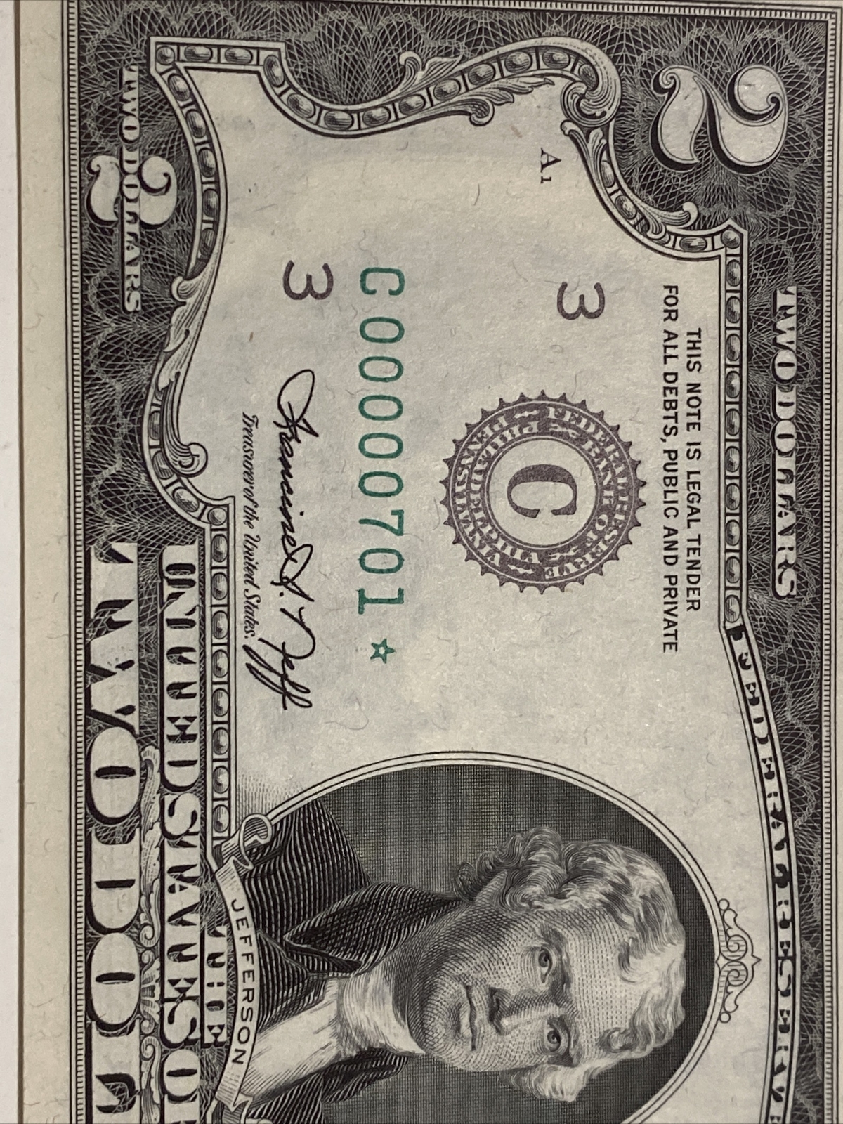 1976 $2 《Super Low Number Trinary Star Notes 00000701*》UNC！Super Top ...