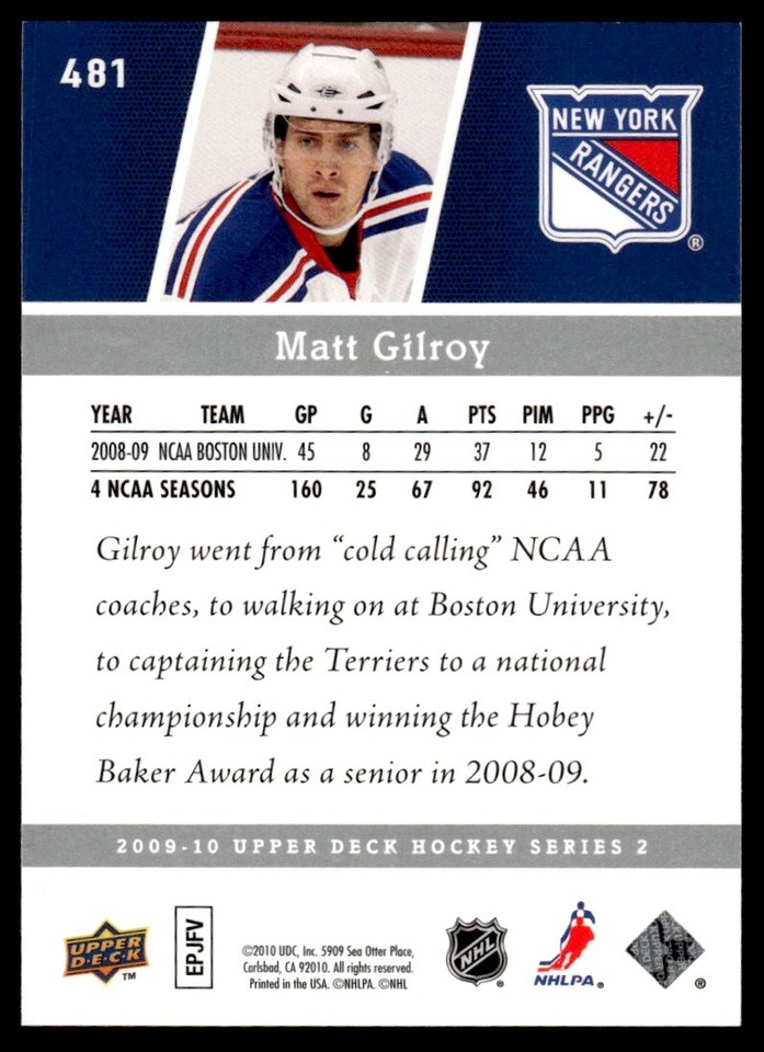 2009-10 Upper Deck Young Guns Matt Gilroy Rookie New York Rangers #481 ...