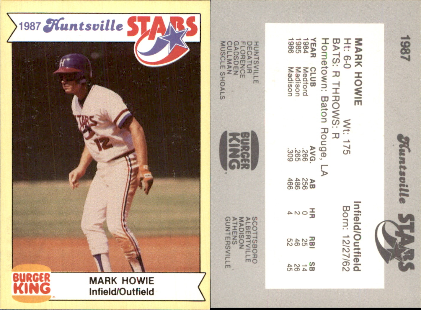 Mark Howie 1987 Burger King Huntsville Stars RC Card Huntsville Stars ...