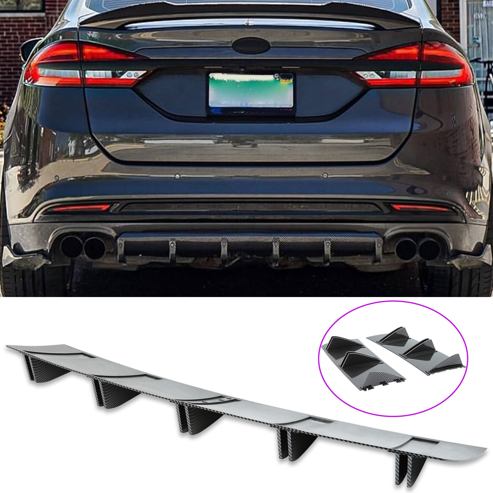 Rear Bumper Lip Diffuser 10 Shark Fins Splitter Carbon For Ford Fusion ...