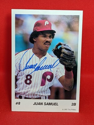 PERSONAL AUTOGRAPH on large card: Juan Samuel Phila. Phillies Tastykake ...
