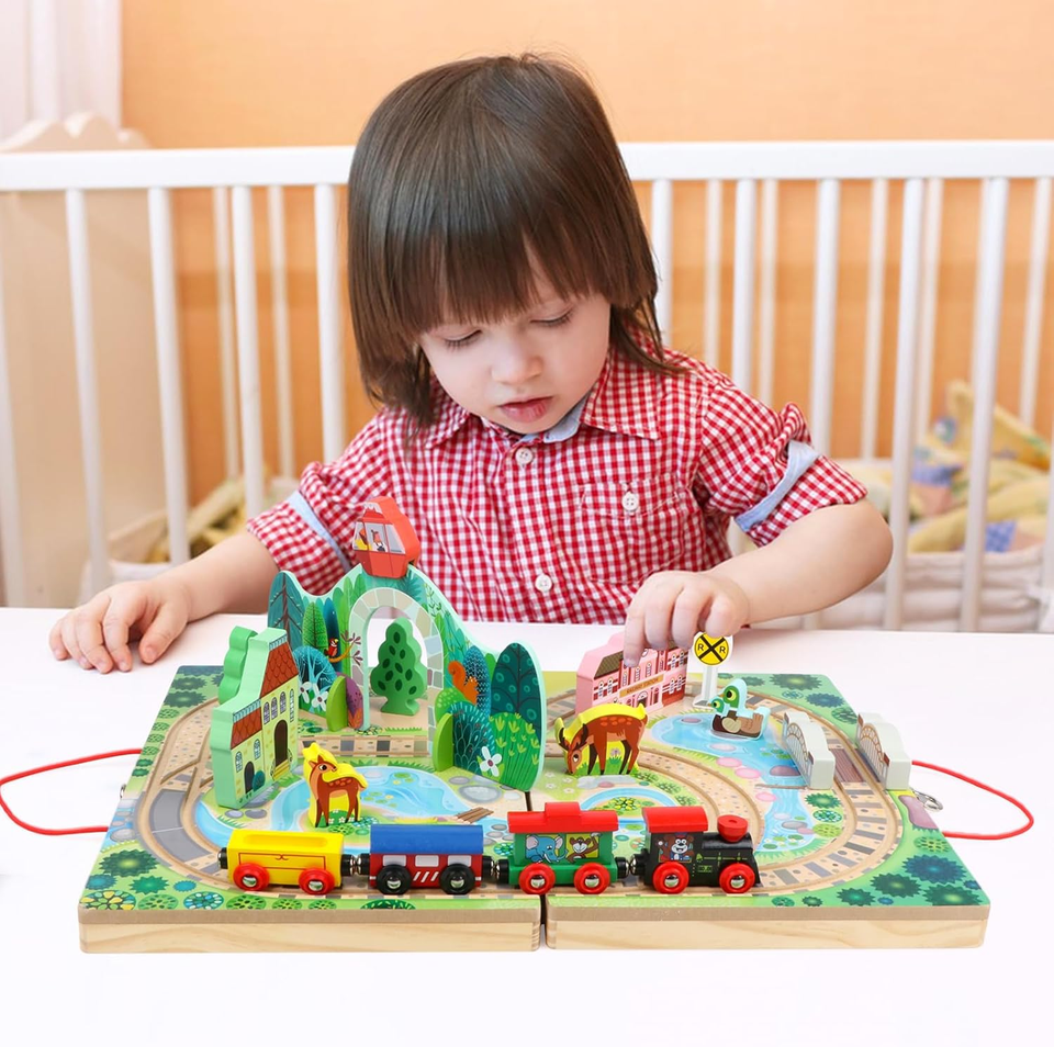 18 Piece Train Set for Toddlers, Wooden Take-Along Tabletop Railroad ...