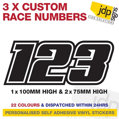3 X CUSTOM RACE NUMBERS VINYL STICKERS MOTOCROSS KART DECALS MX DIRT ...