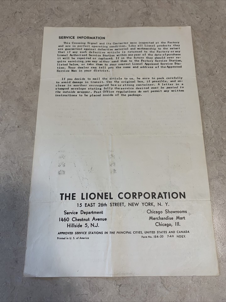 Postwar Lionel 154 Crossing Signal Instruction Sheet C7 | eBay