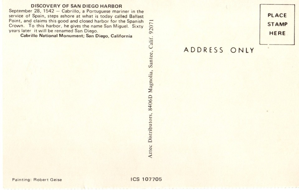 Discovery of San Diego Harbor Art by Robert Geise Postcard | eBay