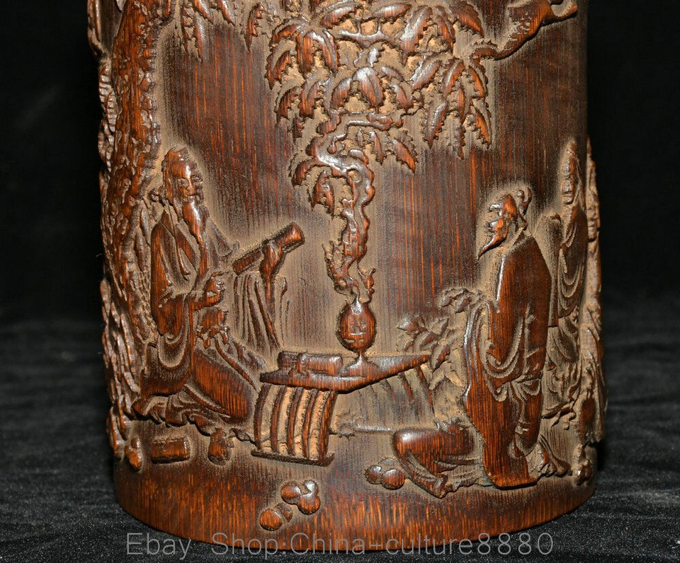 6" Old China Boxwood Painting Carved People Person Pattern Brush Pot ...