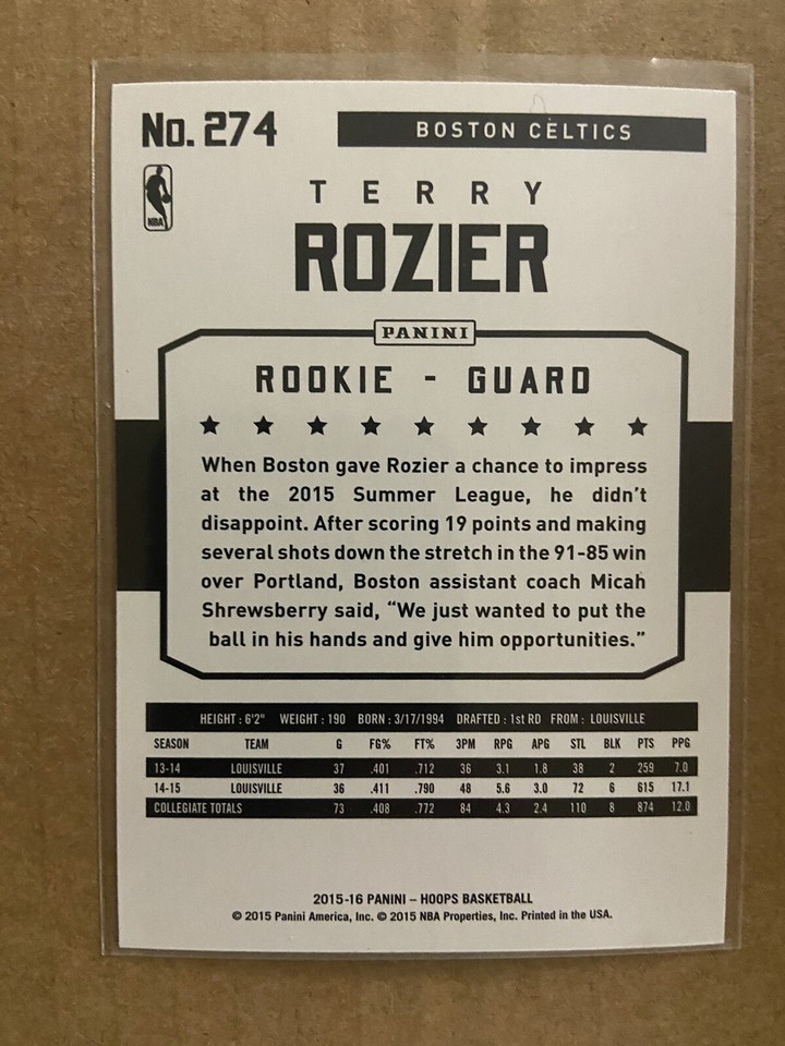 2015-16 Panini NBA Hoops Terry Rozier Boston Celtics No. 274 Rookie ...