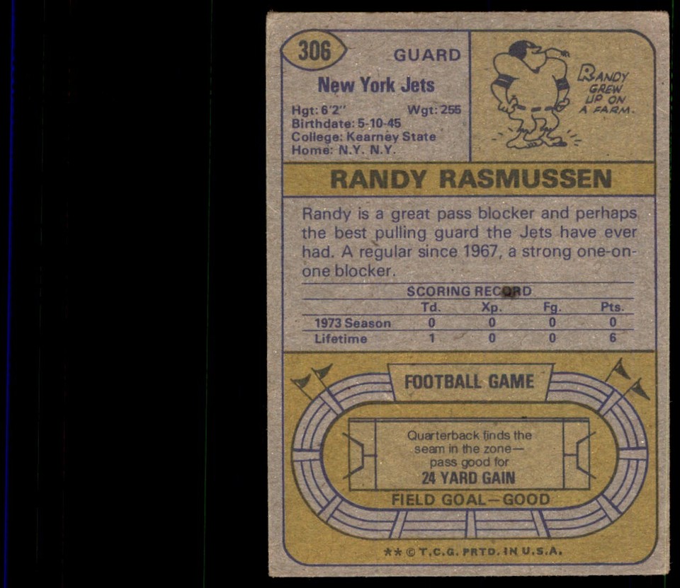 1974 Topps Randy Rasmussen New York Jets #306 | eBay
