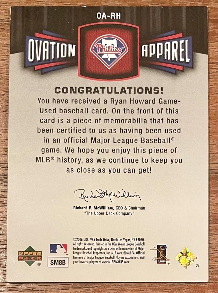 RYAN HOWARD Ovation Apparel #OA-RH 2006 Upper Deck | Philadelphia ...