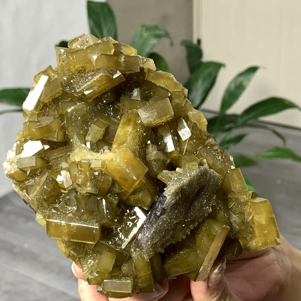 1.93LB Shiny Golden Cuboid Barite Crystal Based on the Purple Spherical ...