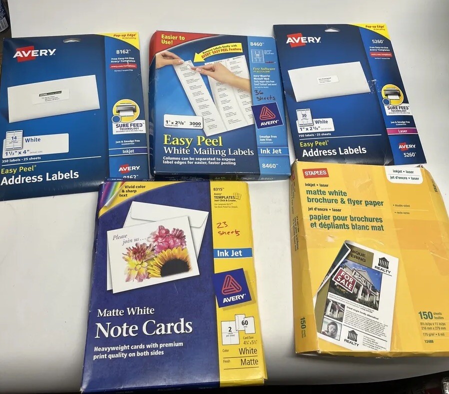 LOT 5 - Avery 8162, 8460, 5260, 8315 1" x 2-5/8" White Mailing Labels ...