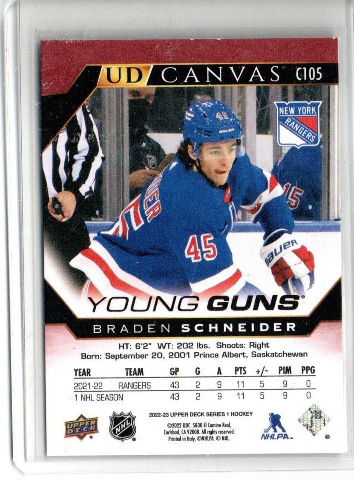 2022-23 Upper Deck Series 1 Braden Schneider Young Guns UD Canvas #C105 ...