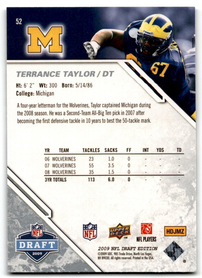 2009 Upper Deck Draft Edition Terrance Taylor Rookie Michigan ...